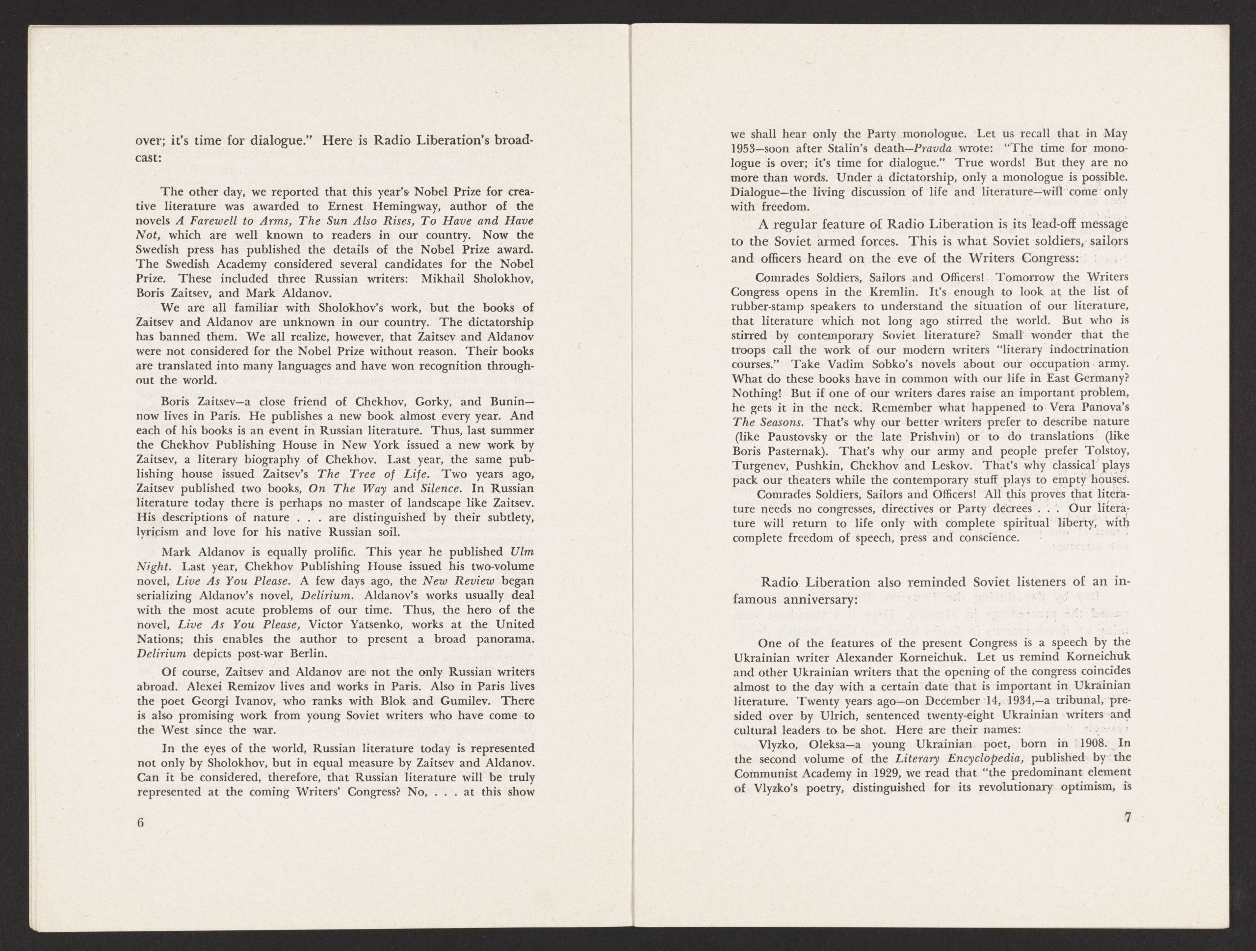 Booklet: "A Free Voice at the Soviet Writers Congress" - Museum of Protest