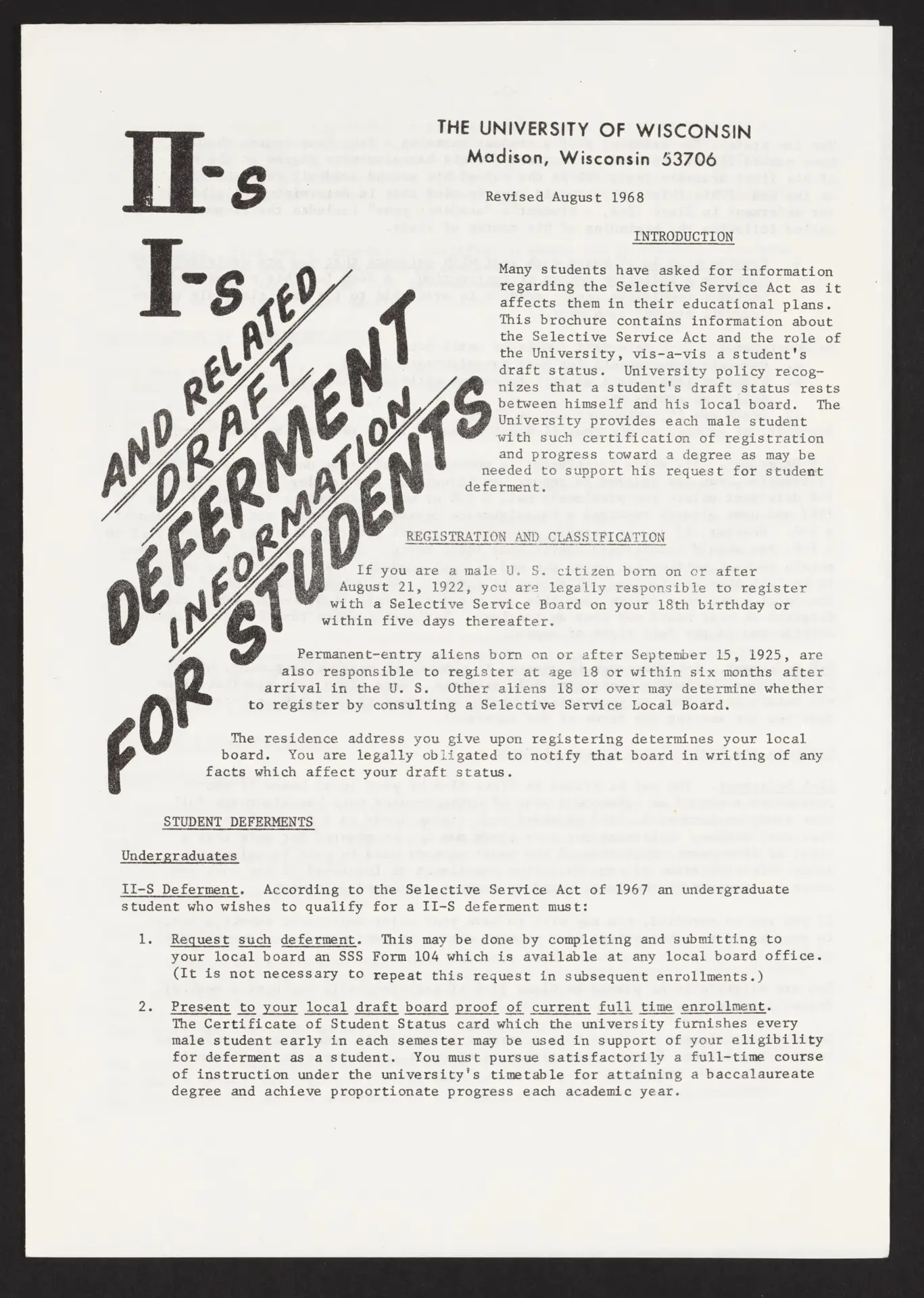 University of Wisconsin Pamphlet: 'Draft Deferment Information for ...