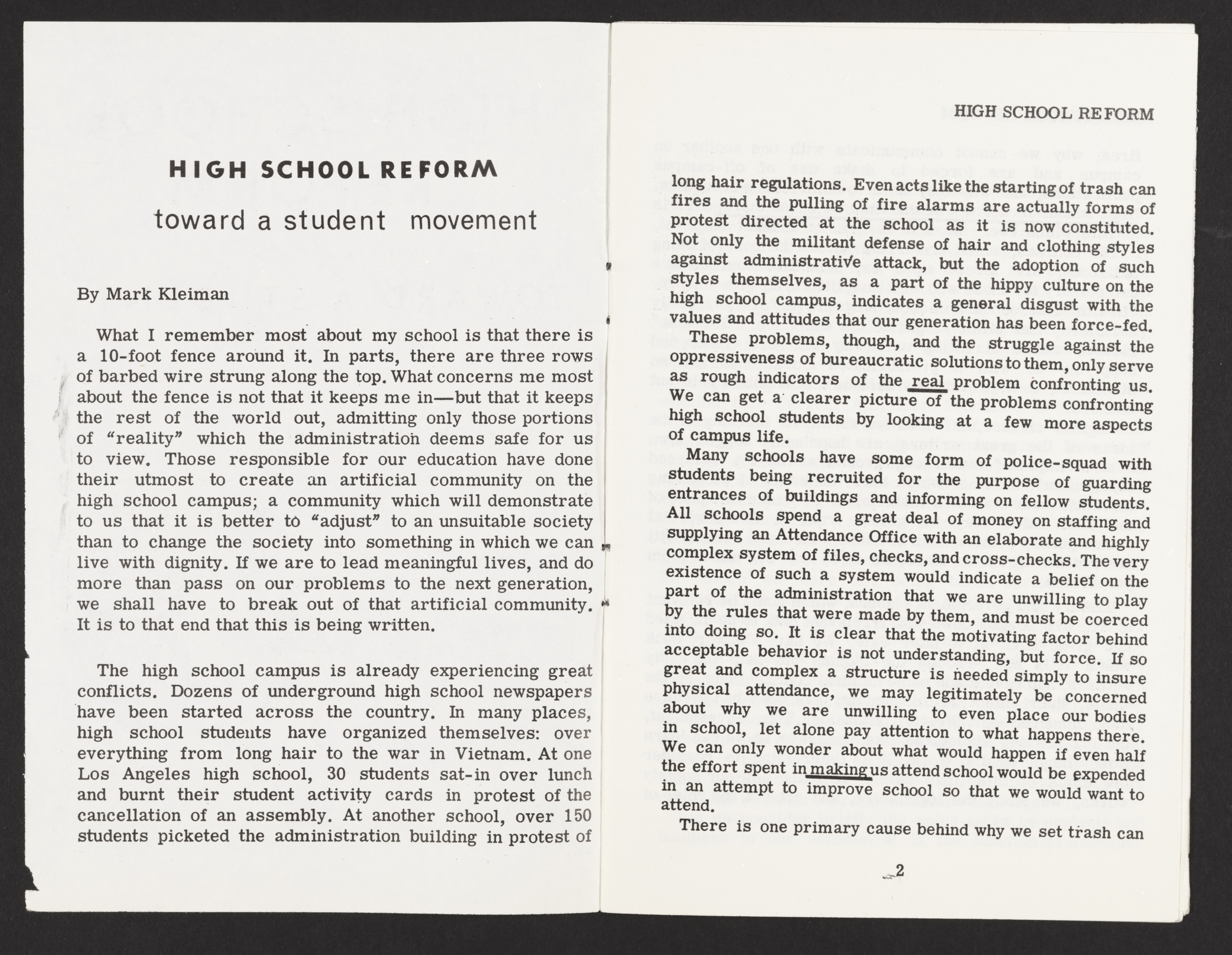 Booklet: "High School Reform: Toward a Student Movement" - Museum of ...