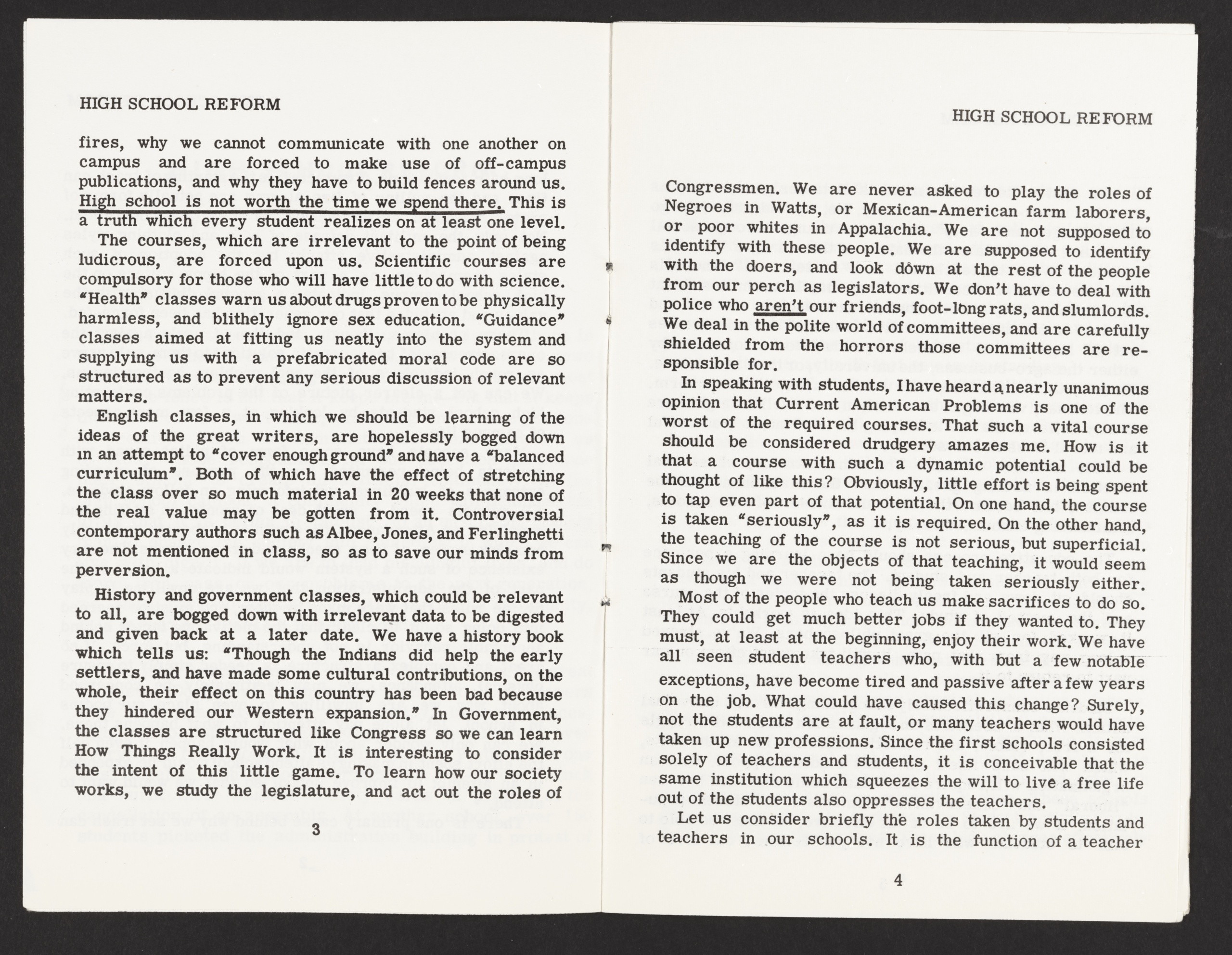 Booklet: "High School Reform: Toward a Student Movement" - Museum of ...