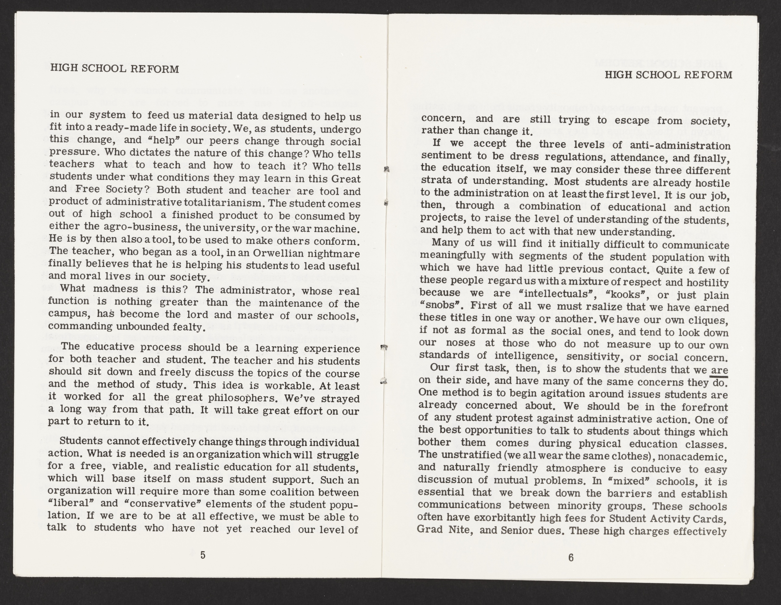 Booklet: "High School Reform: Toward a Student Movement" - Museum of ...