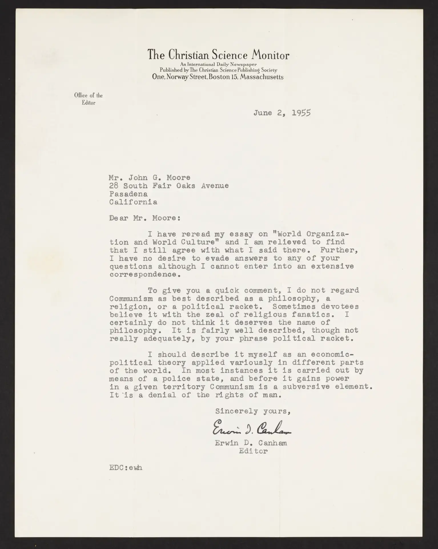 Christian Science Monitor Letters on Communism: Editor Erwin D. Canham ...