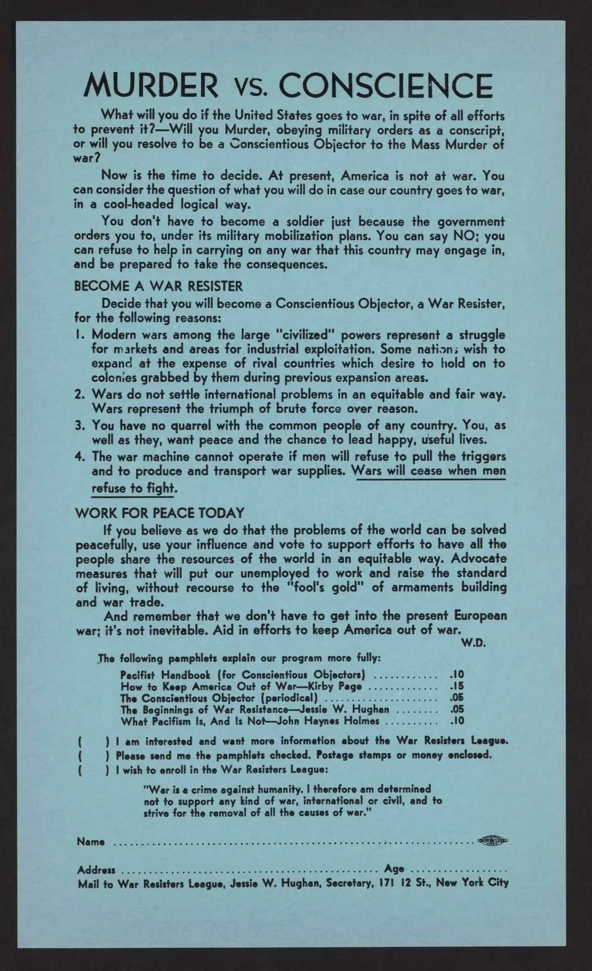 Anti-War Pamphlet: 'Murder vs. Conscience' by War Resisters League ...