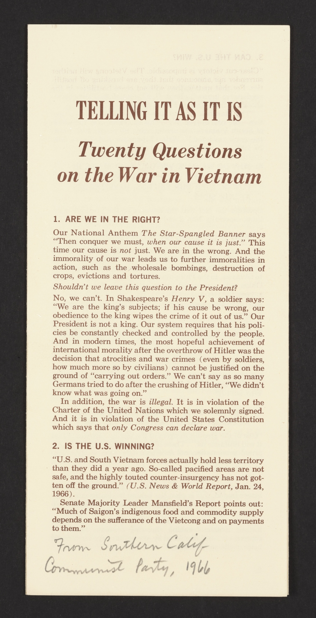 Pamphlet: “Telling It as It Is: Twenty Questions on the War in Vietnam ...