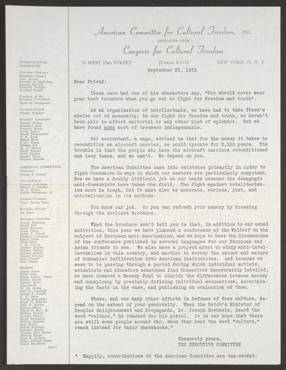 Pamphlet: “The American Committee for Cultural Freedom” - Museum of Protest