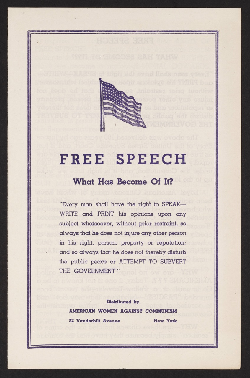Pamphlet: “Free Speech: What Has Become Of It?” (American Women Against ...