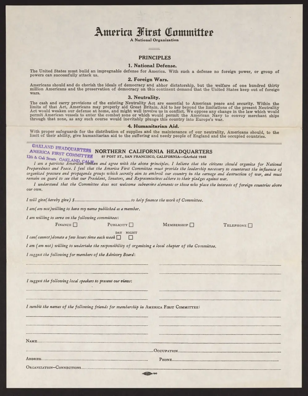 Membership Form: “America First Committee: A National Organization” (ca ...