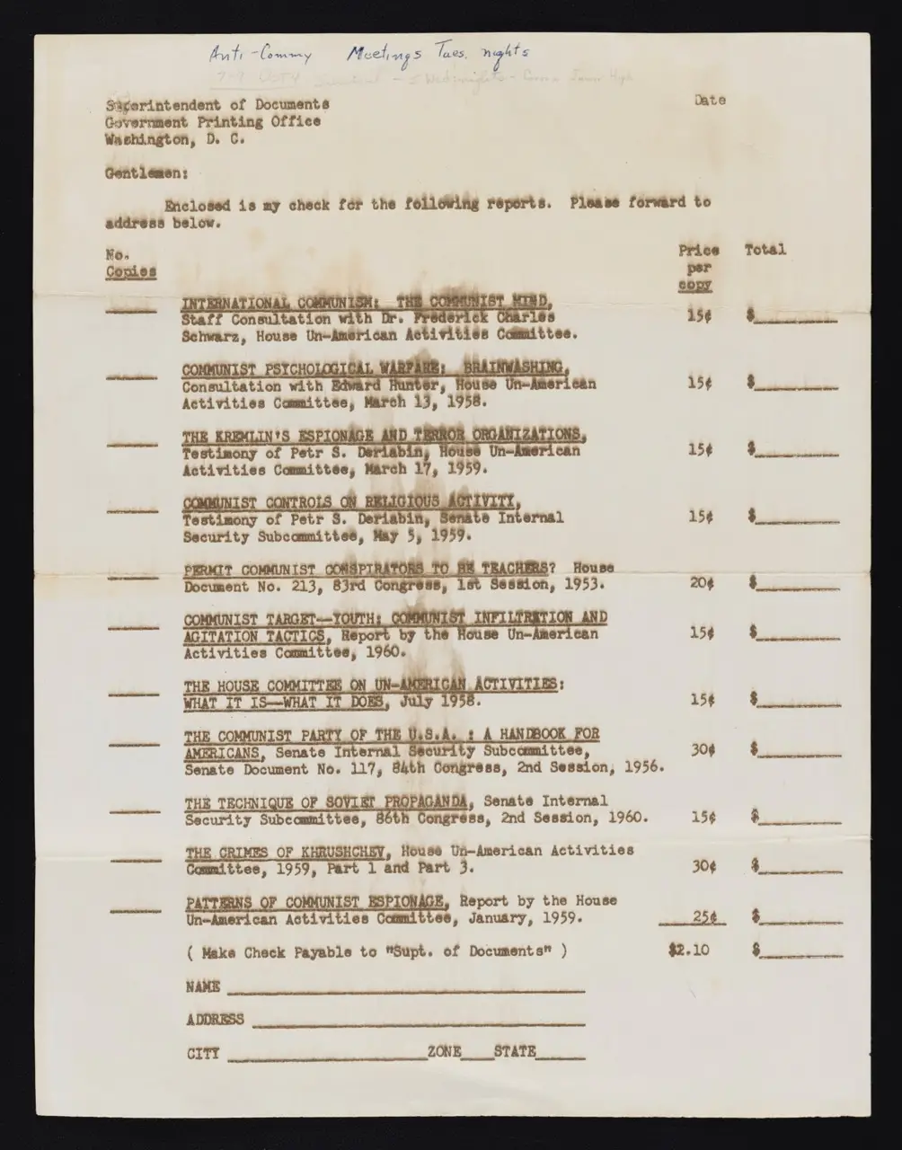 Government Printing Office Anti-Communist Order Form - Museum of Protest